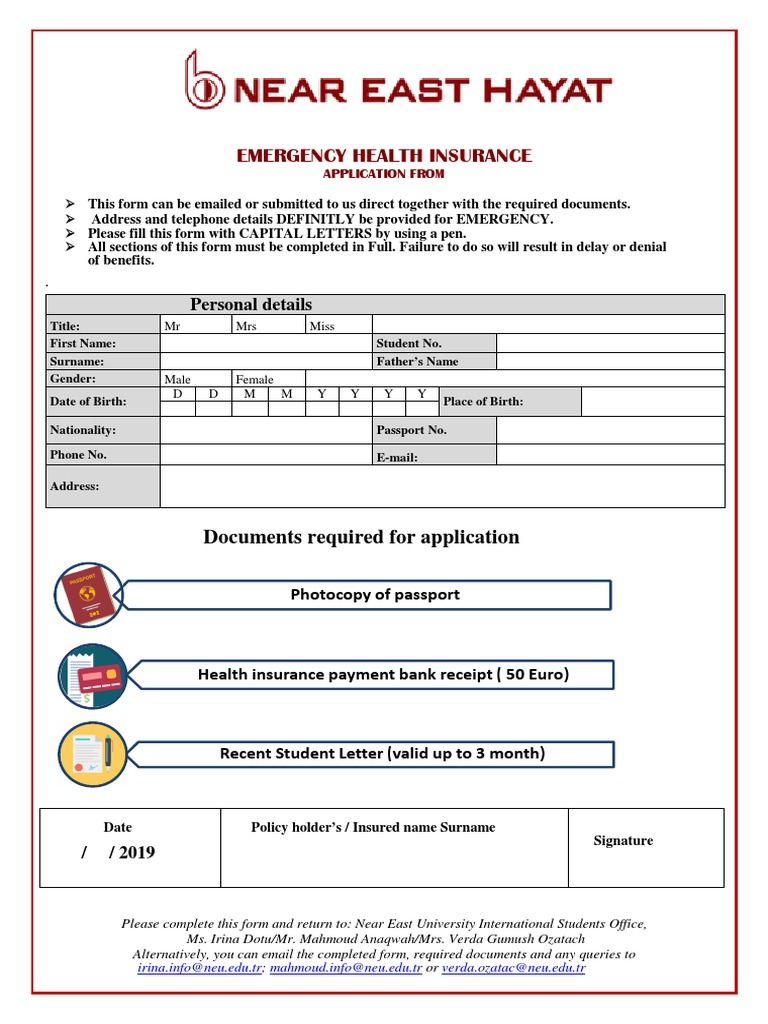 Emergency Health Insurance Near East Hayat Form 09.01.2019 | PDF