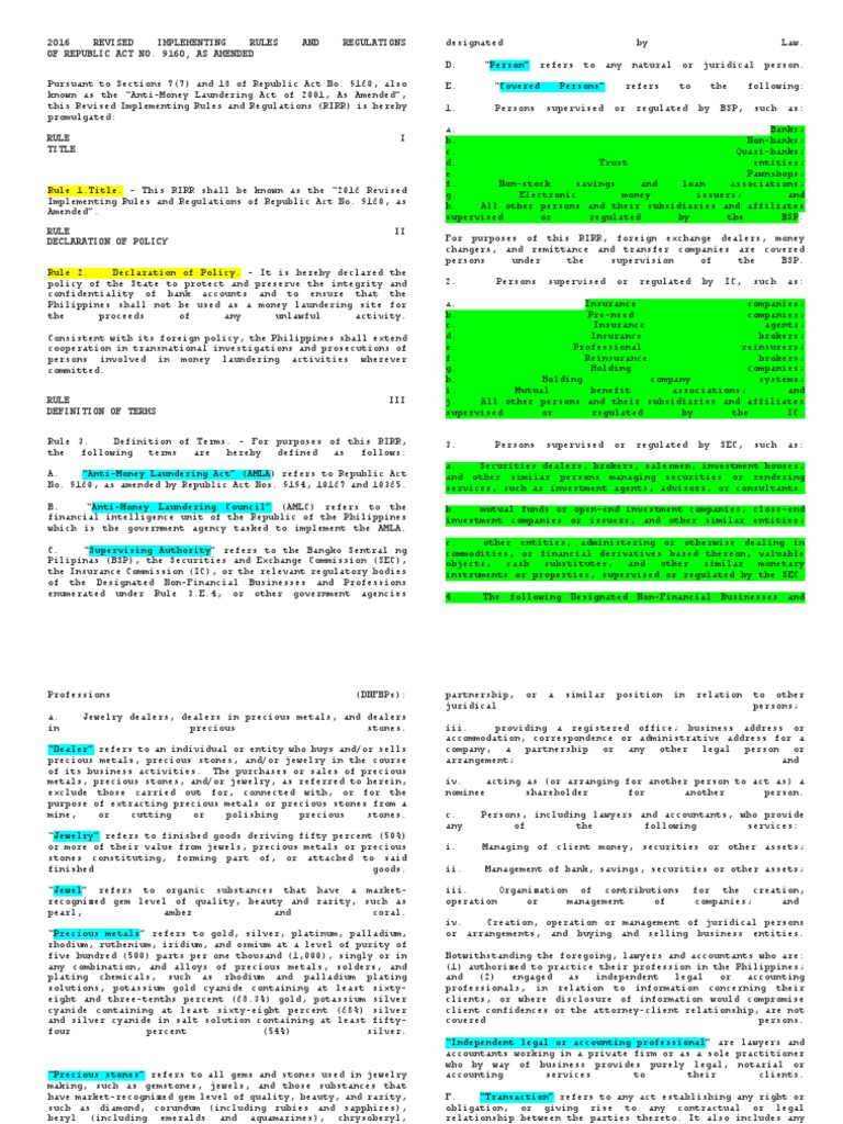 2016 Revised Implementing Rules AND Regulations of Republic Act No. 9160, As Amended | PDF ...