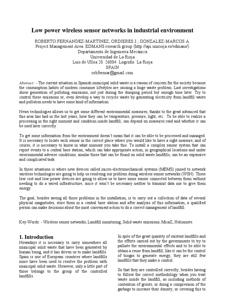 Low Power Wireless Sensor Networks in Industrial Environment | Download Free PDF | Wireless ...