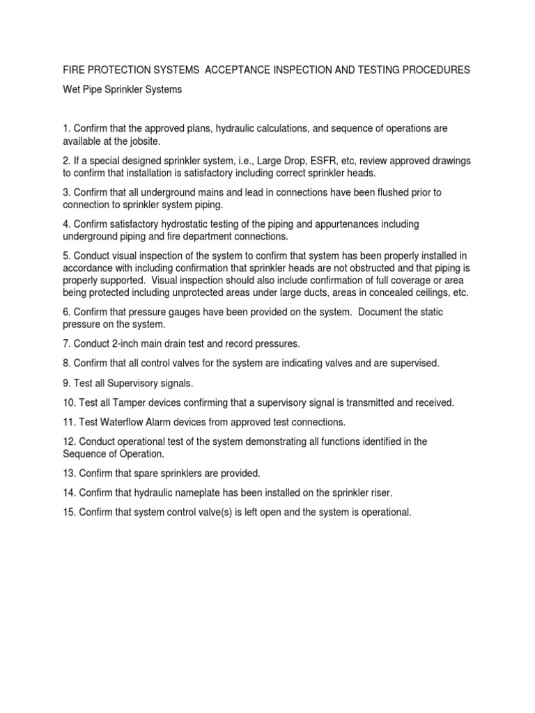 Fire Protection Systems Acceptance Inspection and Testing Procedures ...