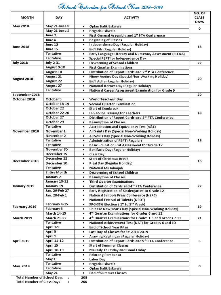 School Calendar For School Year 2018 | PDF | Holidays | Observances