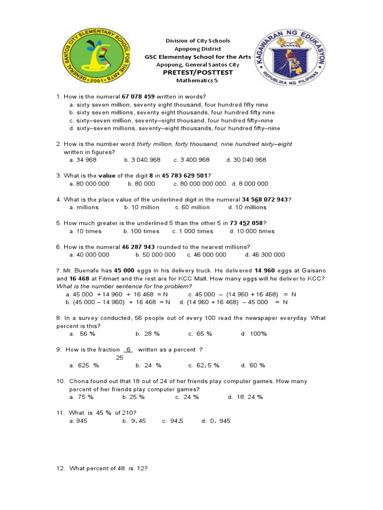 Mathematics Assessment for Fifth Grade Students: Analysis of Pretest ...