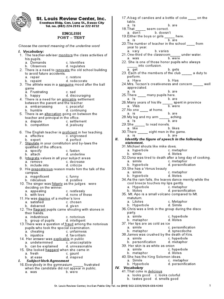 English Post-Test Vocabulary and Grammar | PDF | Poetry