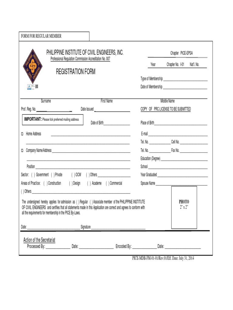 PICE Membership Registration Form | PDF | Engineering | Business