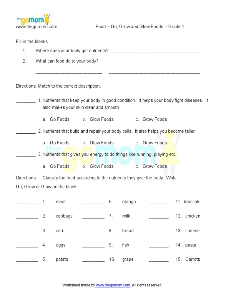 Go, Grow, Glow Foods Worksheet for Kids | PDF | Nutrients | Foods