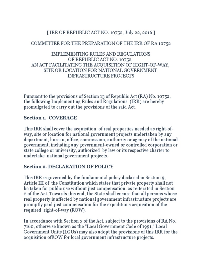 Ra 10752 Irr | PDF | Easement | Eminent Domain