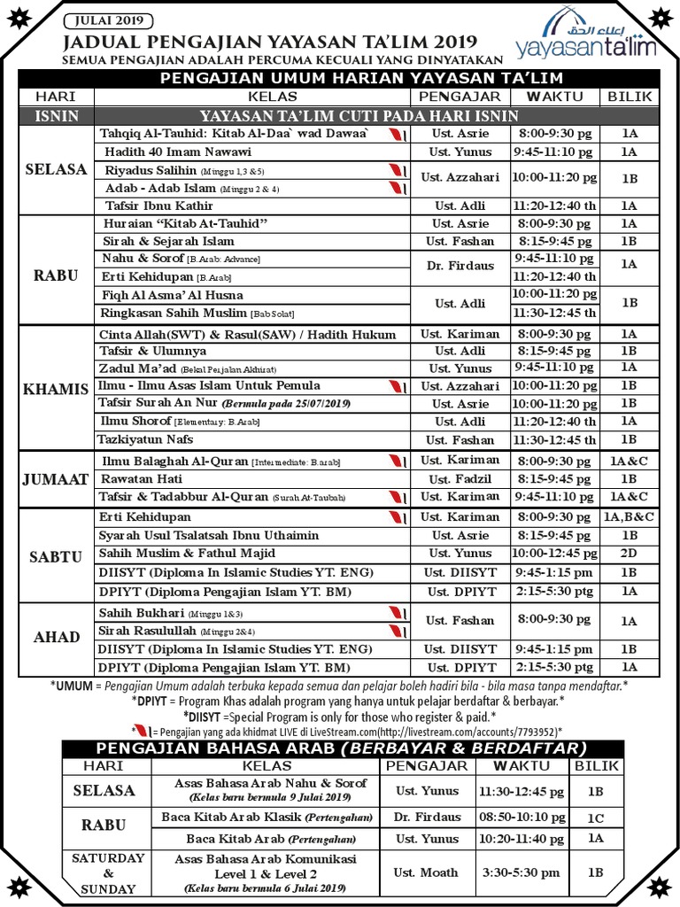 Jadual Julai 2019, Muka Surat 1 | PDF | Islamic Ethics | Islamic Texts