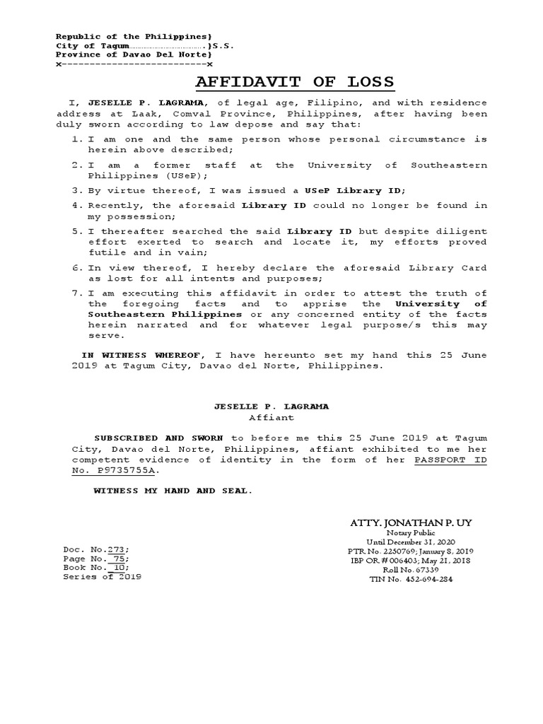 Affidavit of Loss - School Library Card | PDF