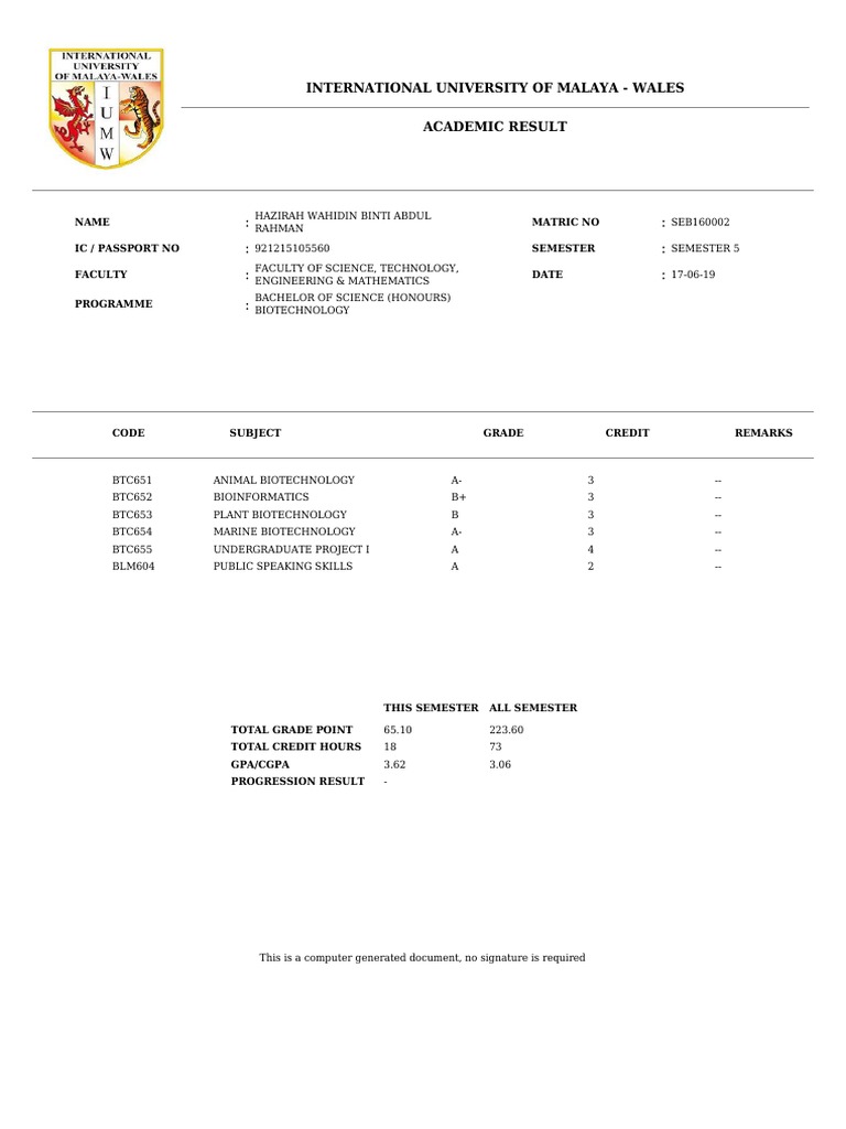 Semester 5 Academic Results: Hazirah Wahidin | PDF
