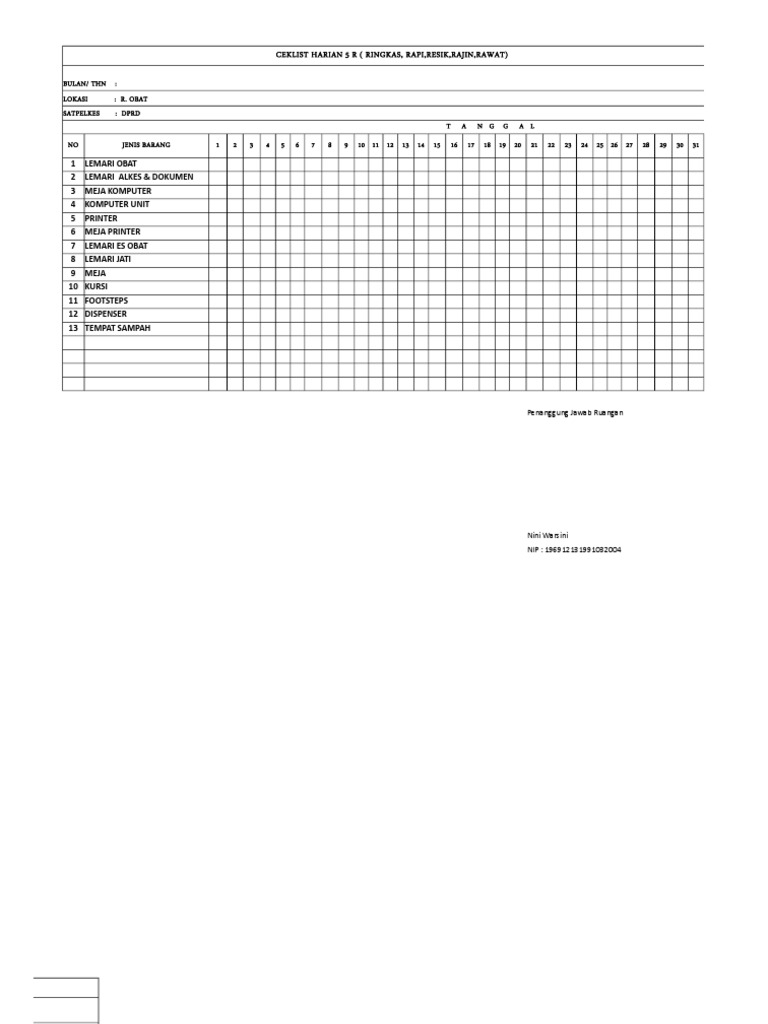 Ceklist Harian 5R untuk Ruangan Medis | PDF