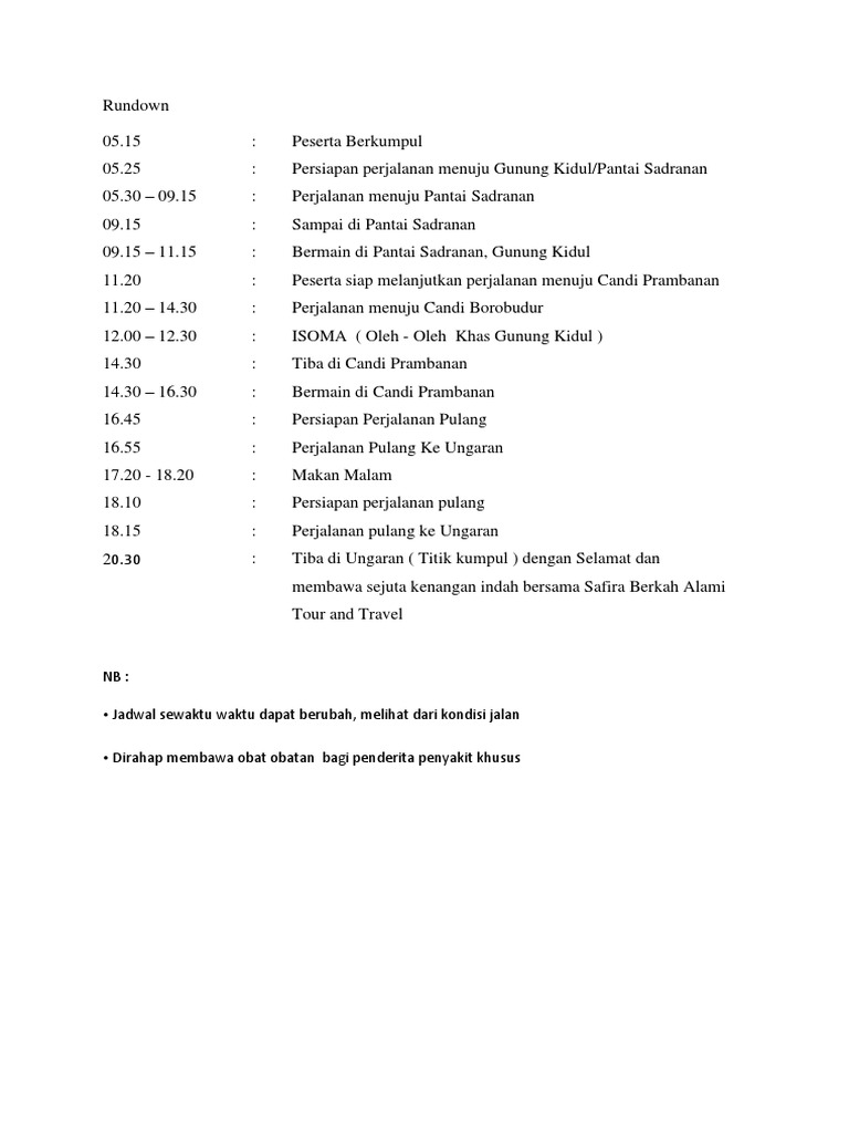 Rundown Acara Piknik ke Pantai Sadranan | PDF