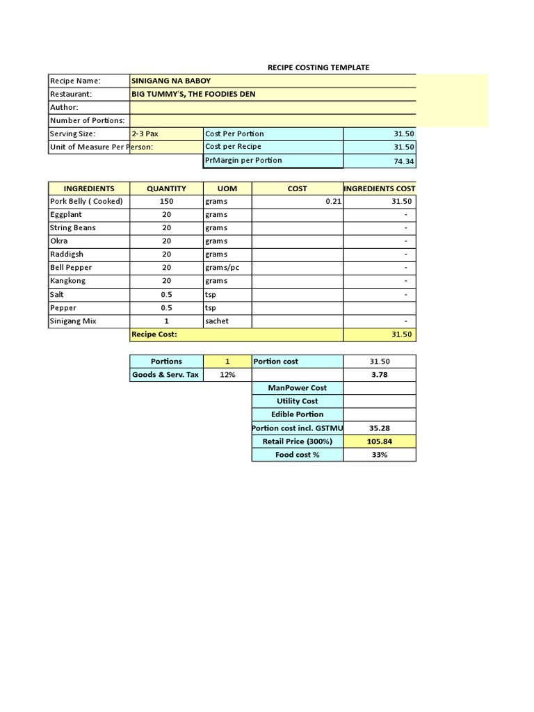 Recipe costing template for sinigang na baboy | PDF | Cooking | Food ...