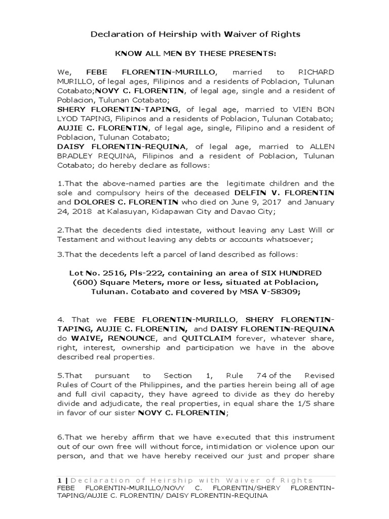 Declaration of Heirship With Waiver of Rights | PDF | Common Law ...