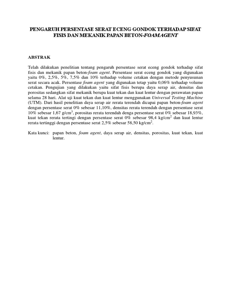 Pengaruh Persentase Serat Eceng Gondok Terhadap Sifat Fisis Dan Mekanik Papan Beton-Foam Agent ...