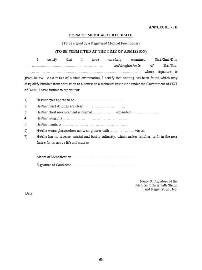Annexure - Iii Form of Medical Certificate | PDF