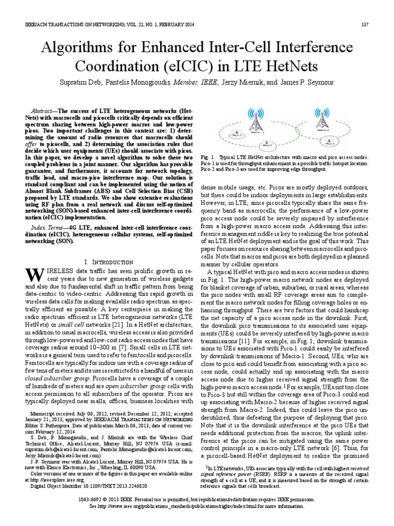 Algorithms For Enhanced Inter-Cell Interference Coordination in LTE HETNETS | PDF | Networks ...
