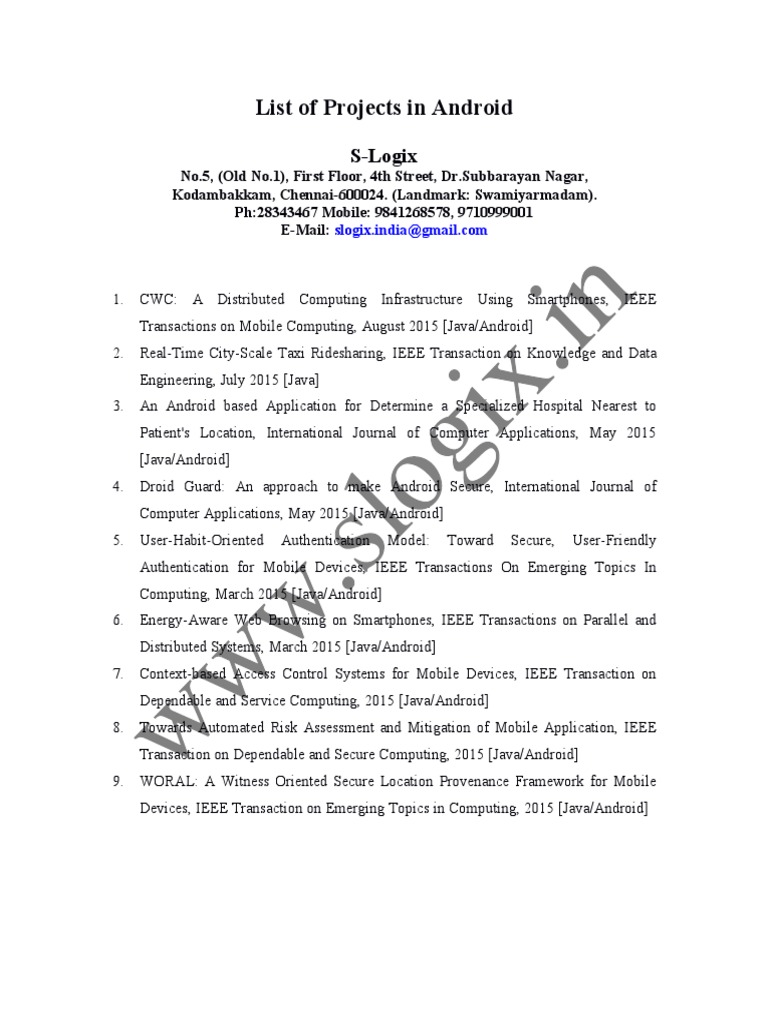 List of Projects in Android: S-Logix | PDF | Technology & Engineering