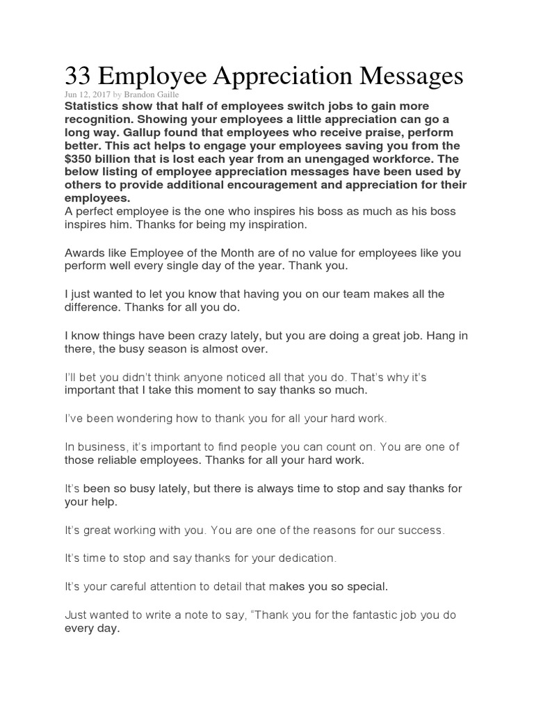 33 Employee Appreciation Messages | PDF | Employee | Labour