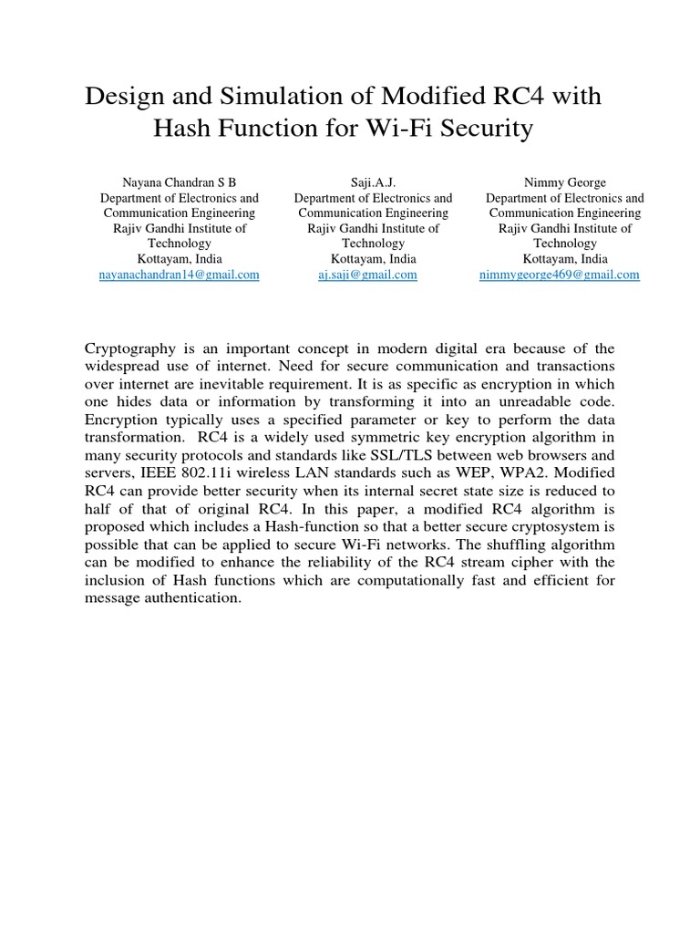 Design and Simulation of Modified RC4 With Hash Function For Wi-Fi ...
