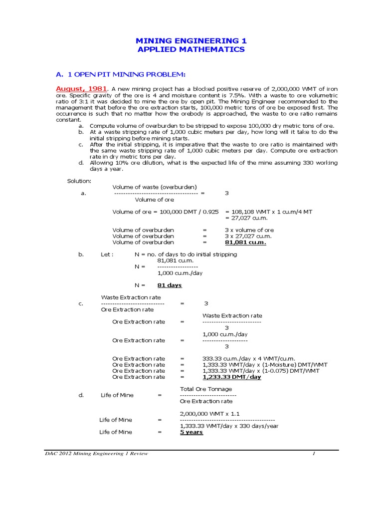MINING ENGINEERING 1 Applied Mathematics Solutions | PDF | Mining | Ton