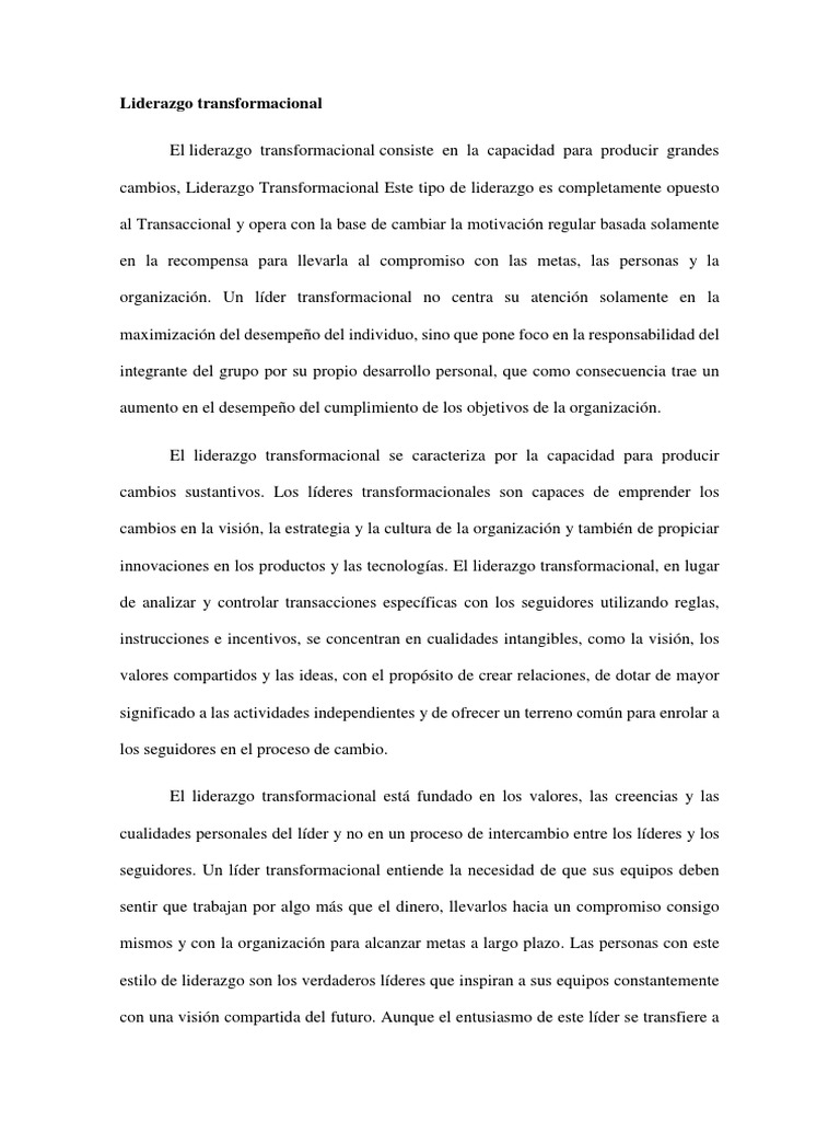 Liderazgo Transformacional | PDF | Liderazgo | Conceptos psicologicos