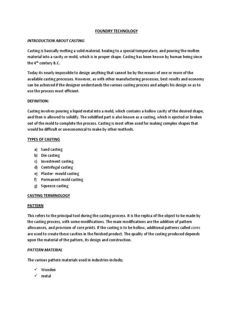 Introduction About Casting: Foundry Technology | PDF