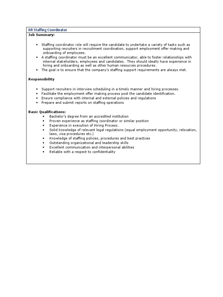 HR Staffing Coordinator - Job Description | PDF | Career & Growth ...