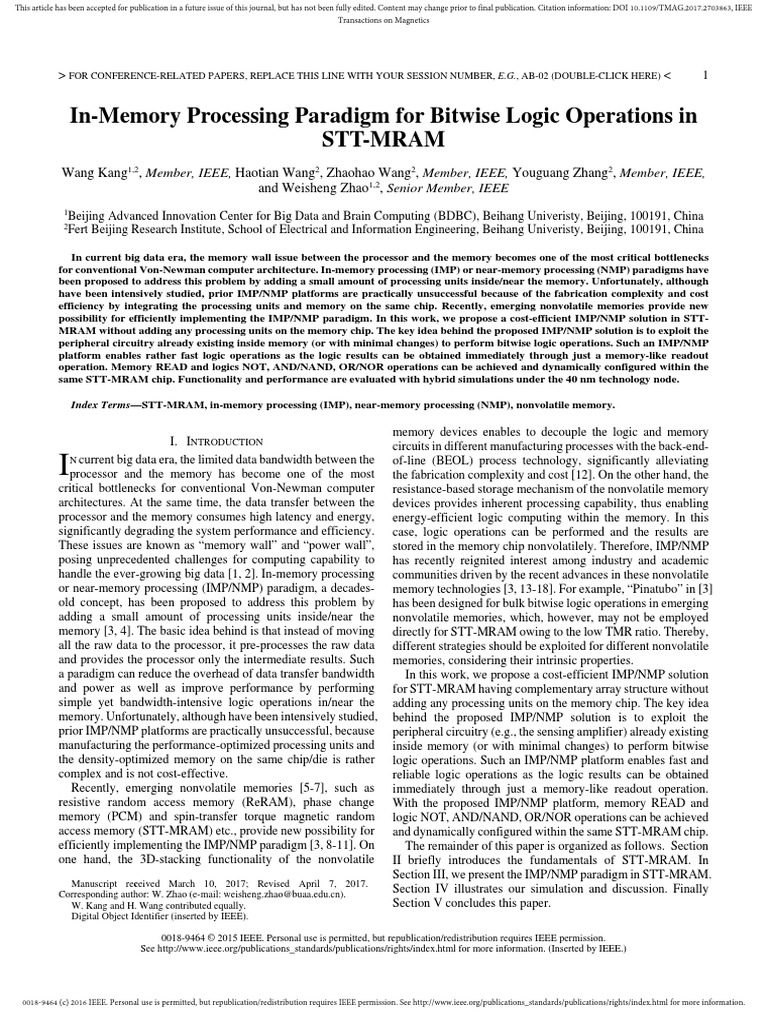 In-Memory Processing Paradigm For Bitwise Logic Operations in STT-MRAM ...