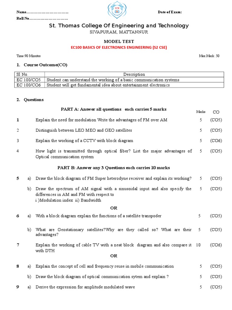 Electronics Engineering Model Test Paper | PDF | Communications ...