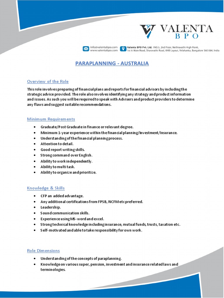 Job Description - Paraplanning - AU | PDF | Financial Adviser | Investing