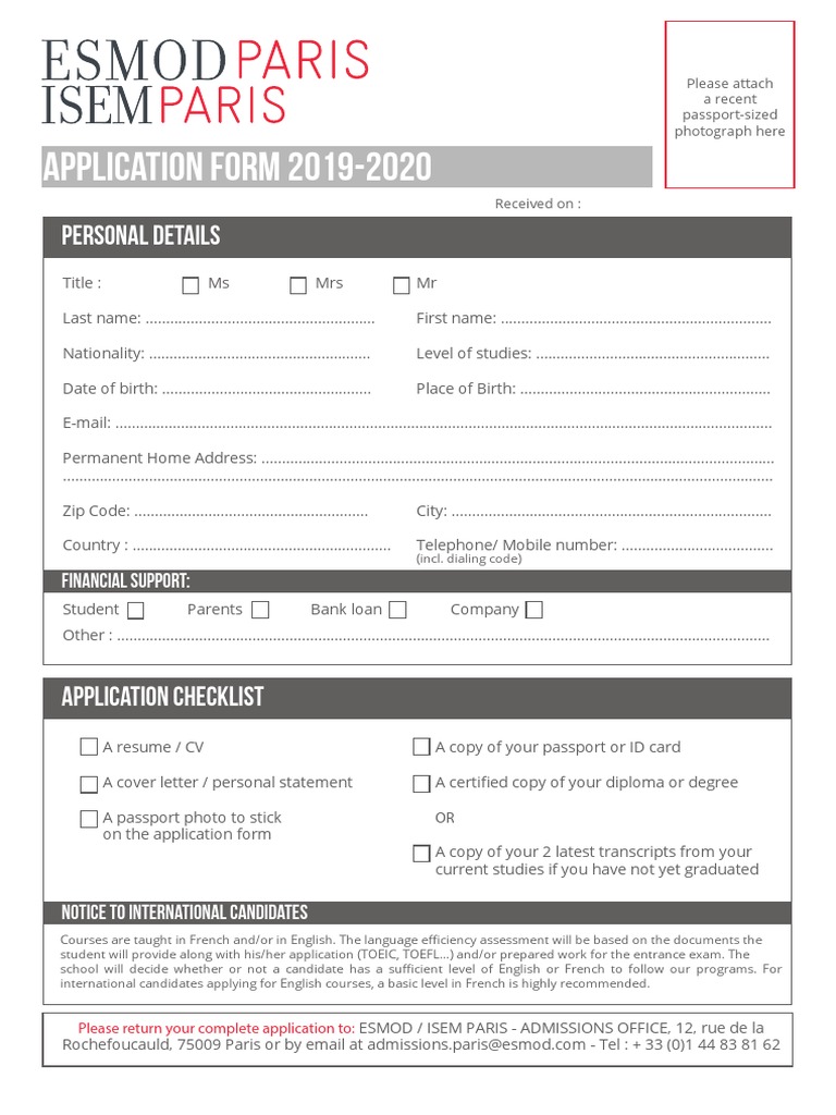 Application Form ESMOD ISEM Paris 2019 2020 | Download Free PDF | Wire ...