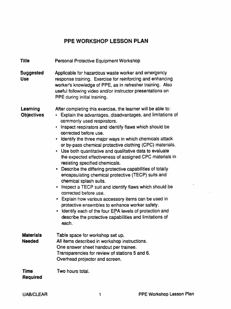 PPE Workshop Lesson Plan | PDF | Personal Protective Equipment | Lesson ...