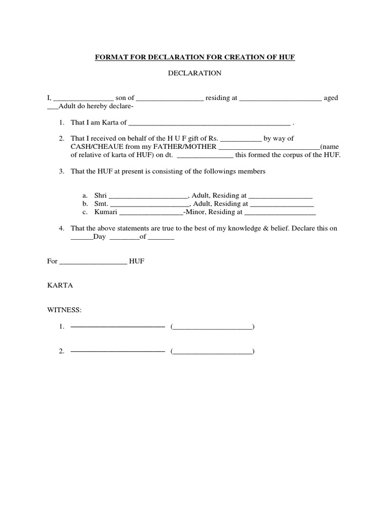 Format For Declaration For Creation of Huf | PDF