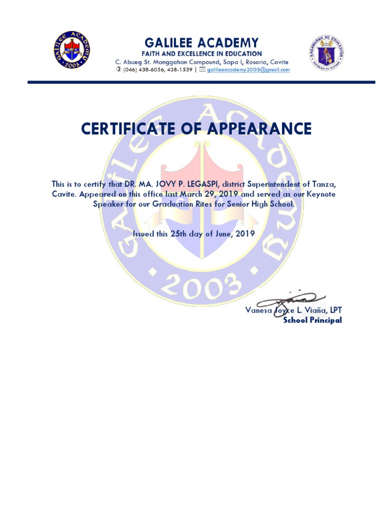 Certificate of Appearance for Graduation | PDF