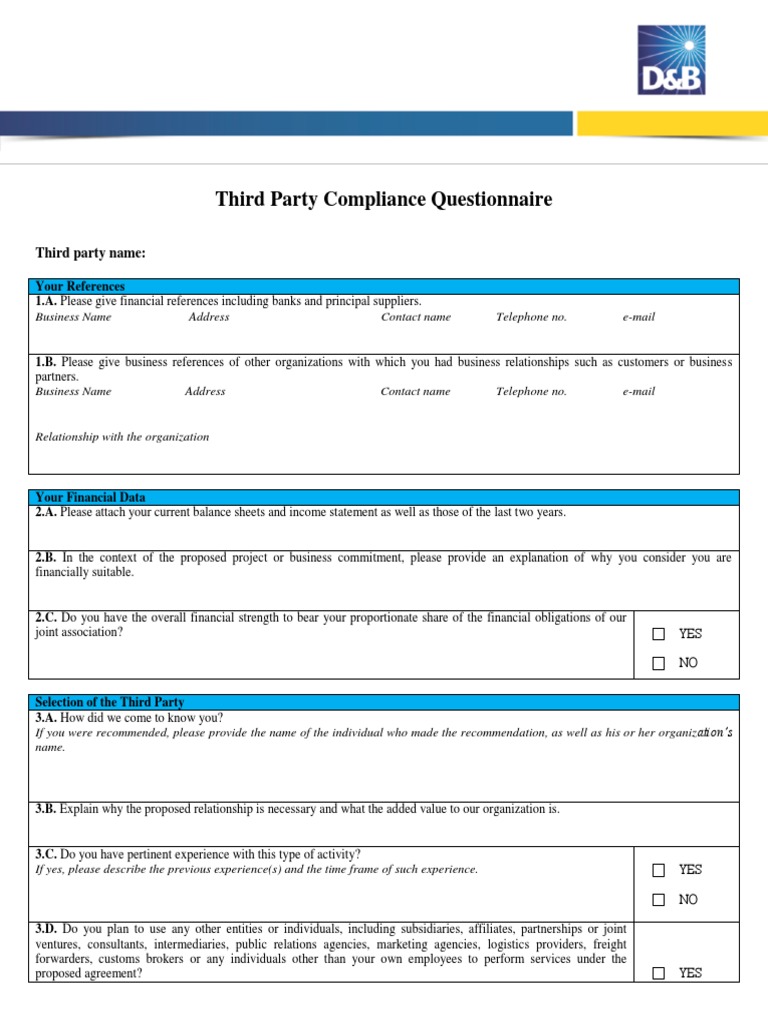 US - Third Party Compliance Questionnaire - Final | PDF | Family | Business
