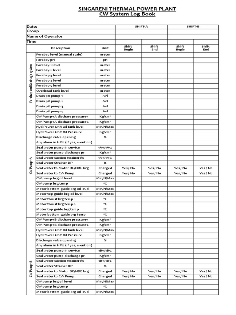 CW Pump House Log Book | PDF | Energy Conversion | Pump