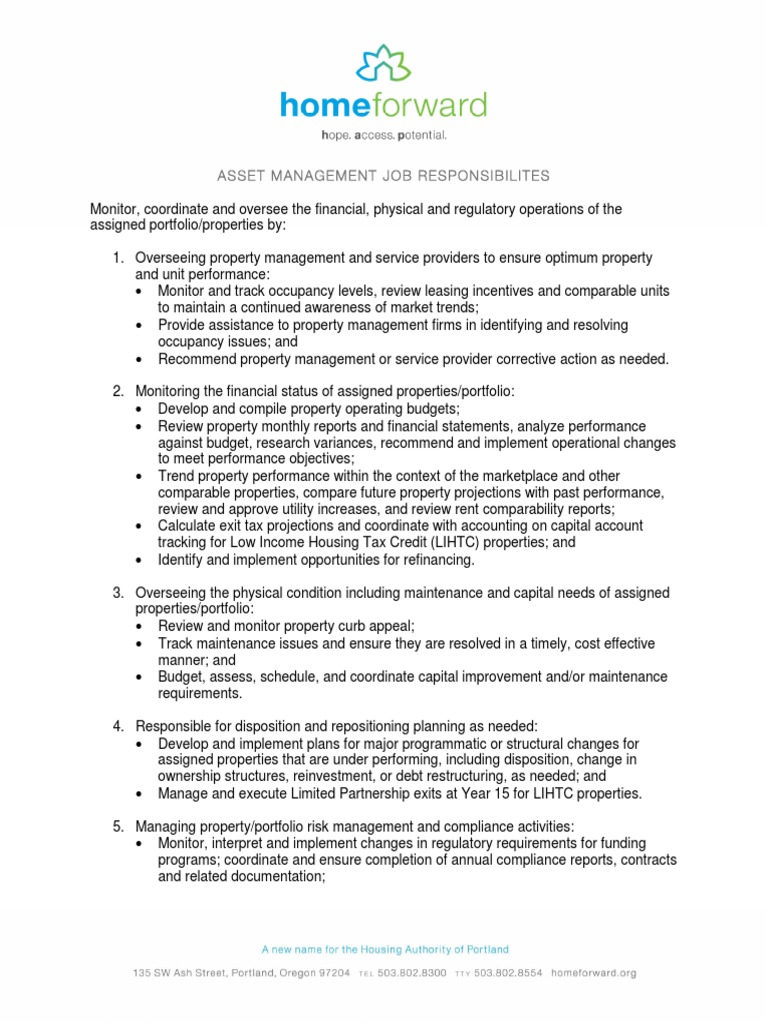 Asset Manager Job Description | PDF | Property Management | Economies