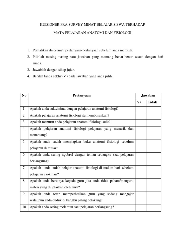 Kuesioner Pra Survey | PDF