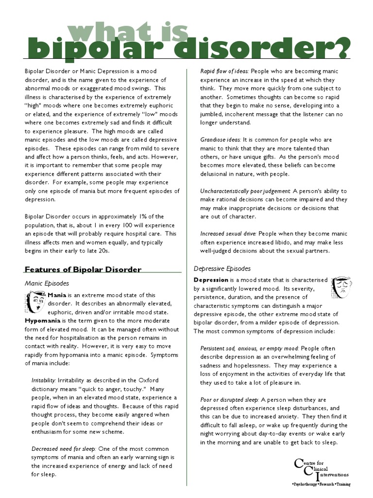 Bipolar Information Sheet - 01 - What Is Bipolar Disorder | Download ...