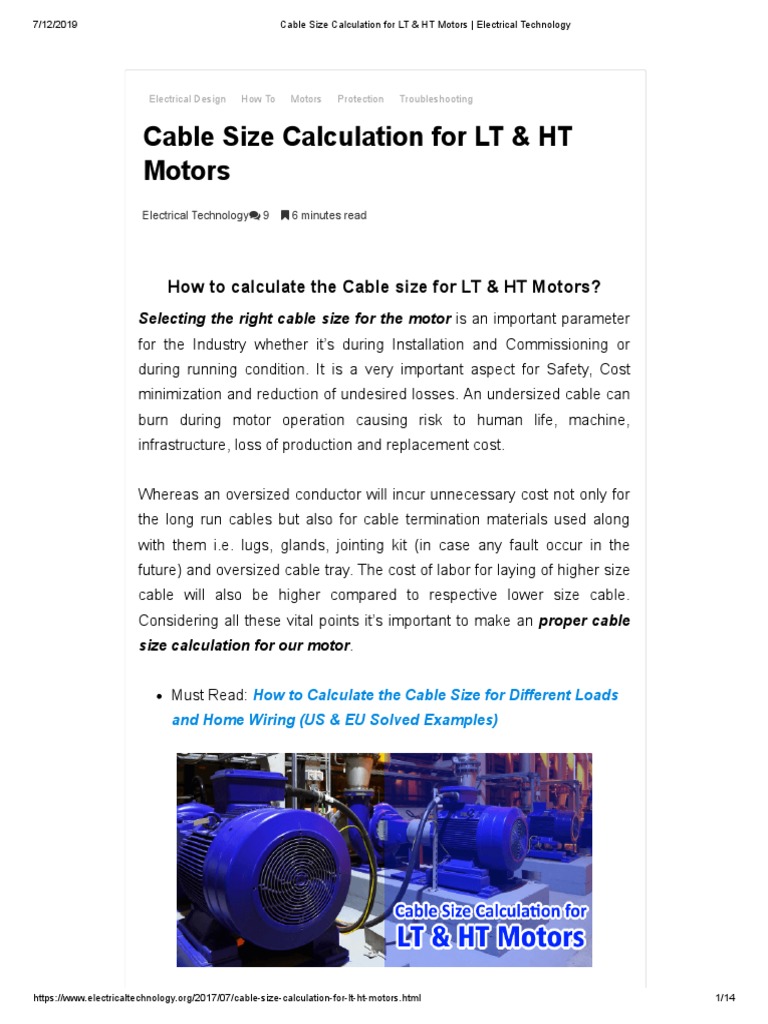 Cable Size Calculation For LT & HT Motors | PDF | Electric Motor | Voltage