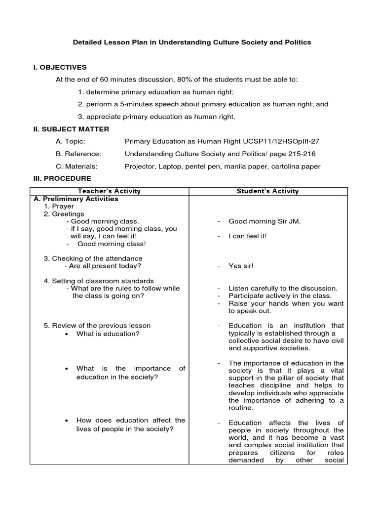 UCSP Lesson Plan: Primary Education Rights | PDF | Lesson Plan | Human ...