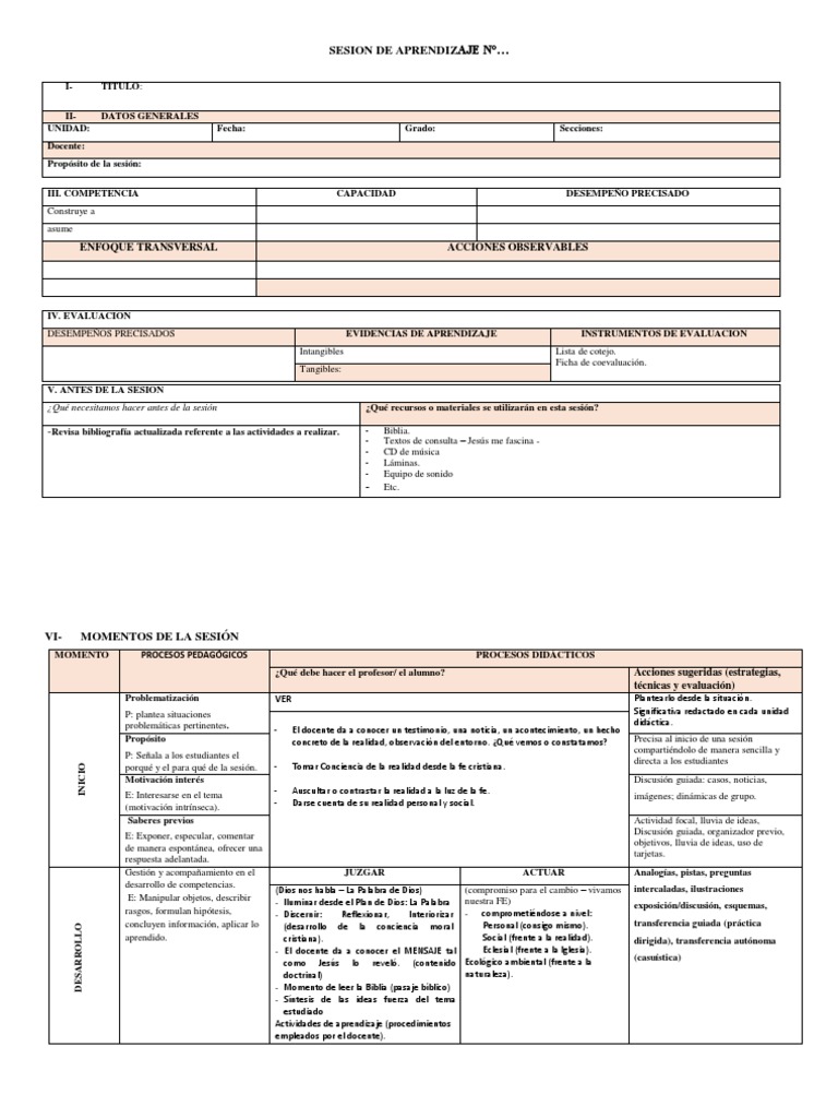 Formato Sesion de Aprendizaje Odec | PDF | Evaluación | Maestros