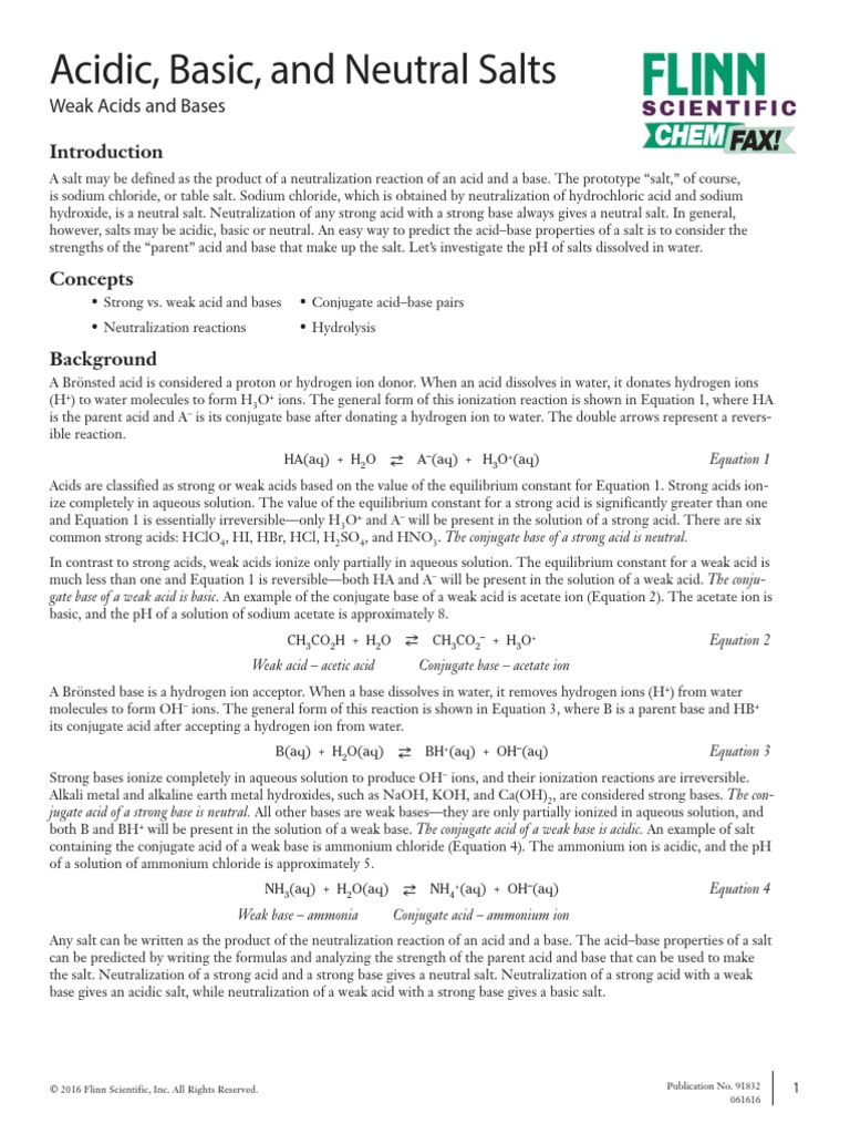 Acidic, Basic, and Neutral Salts: Weak Acids and Bases | PDF | Acid | Ph