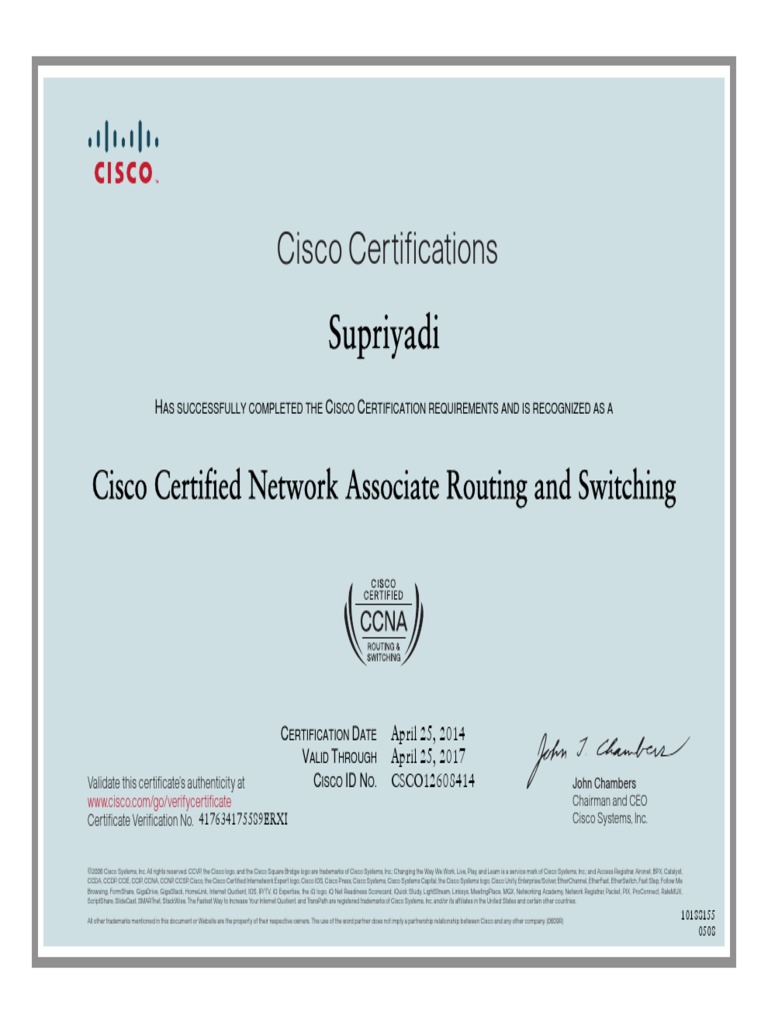 Ccna Certificate | PDF | Cisco Certifications | Cisco Systems