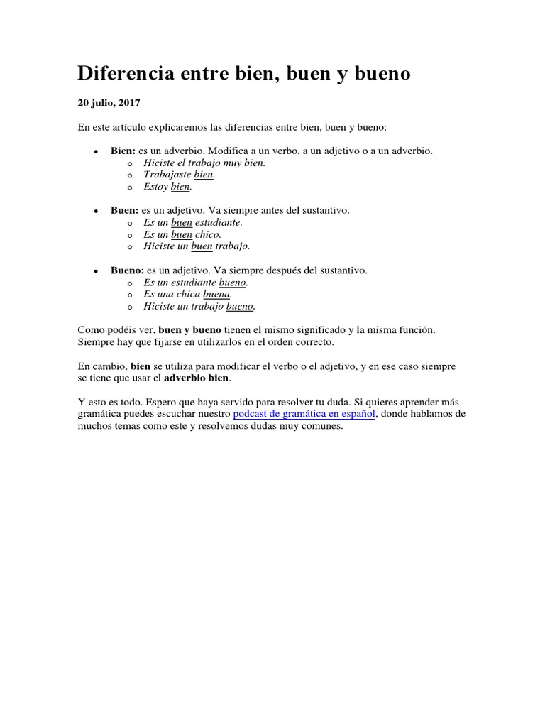 Buen, Bueno y Bien (Diferencia) PDF | PDF