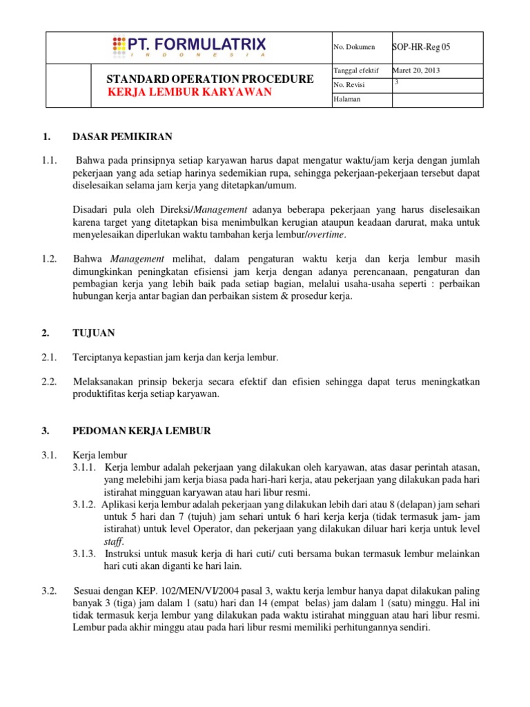 SOP Kerja Lembur Karyawan | PDF | Pengelolaan Keuangan & Uang