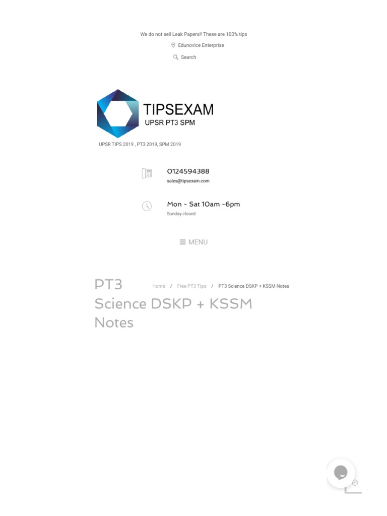 PT3 Science DSKP + KSSM Notes - Exam Tips UPSR PT3 SPM 2019 - 2020 ...