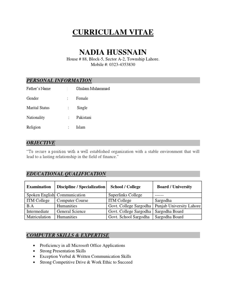 CV (Nadia Hussnain) PDF | PDF
