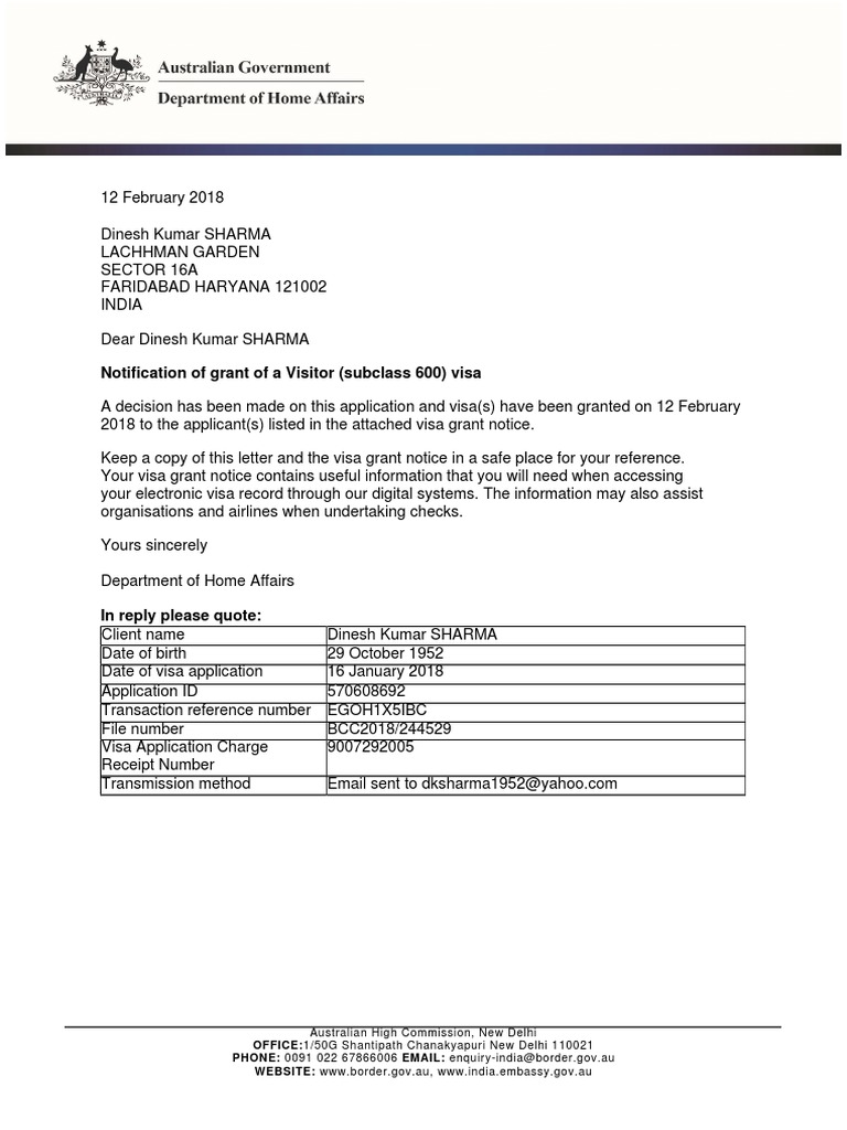 Notification of Grant of A Visitor (Subclass 600) Visa | PDF ...
