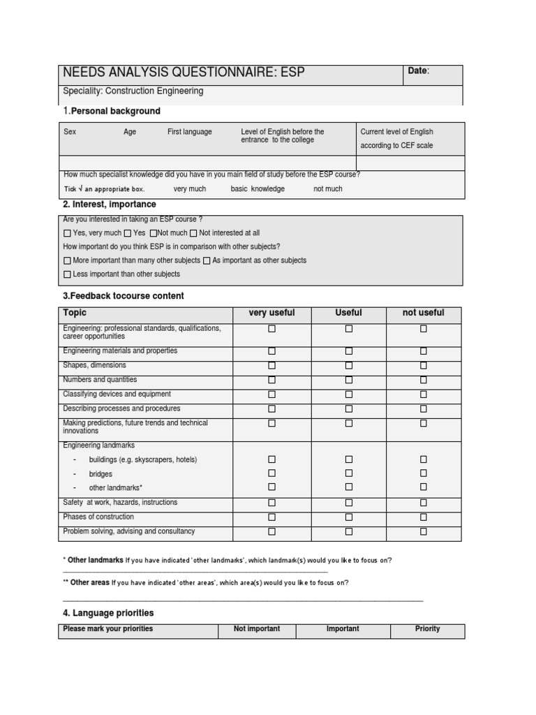 ESP Needs Analysis Questionnaire for Construction Engineering | PDF ...